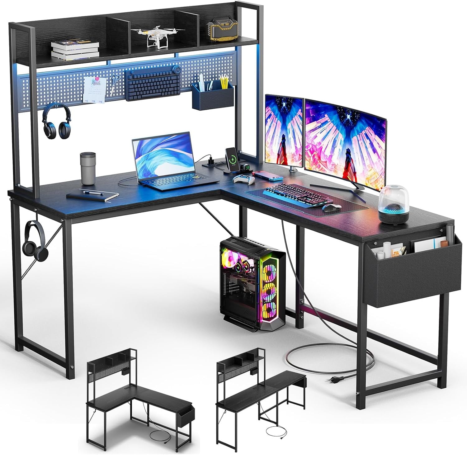 55'' UPGO L Shaped Gaming Desk with LED Strip, Shelves, Power Outlet ...