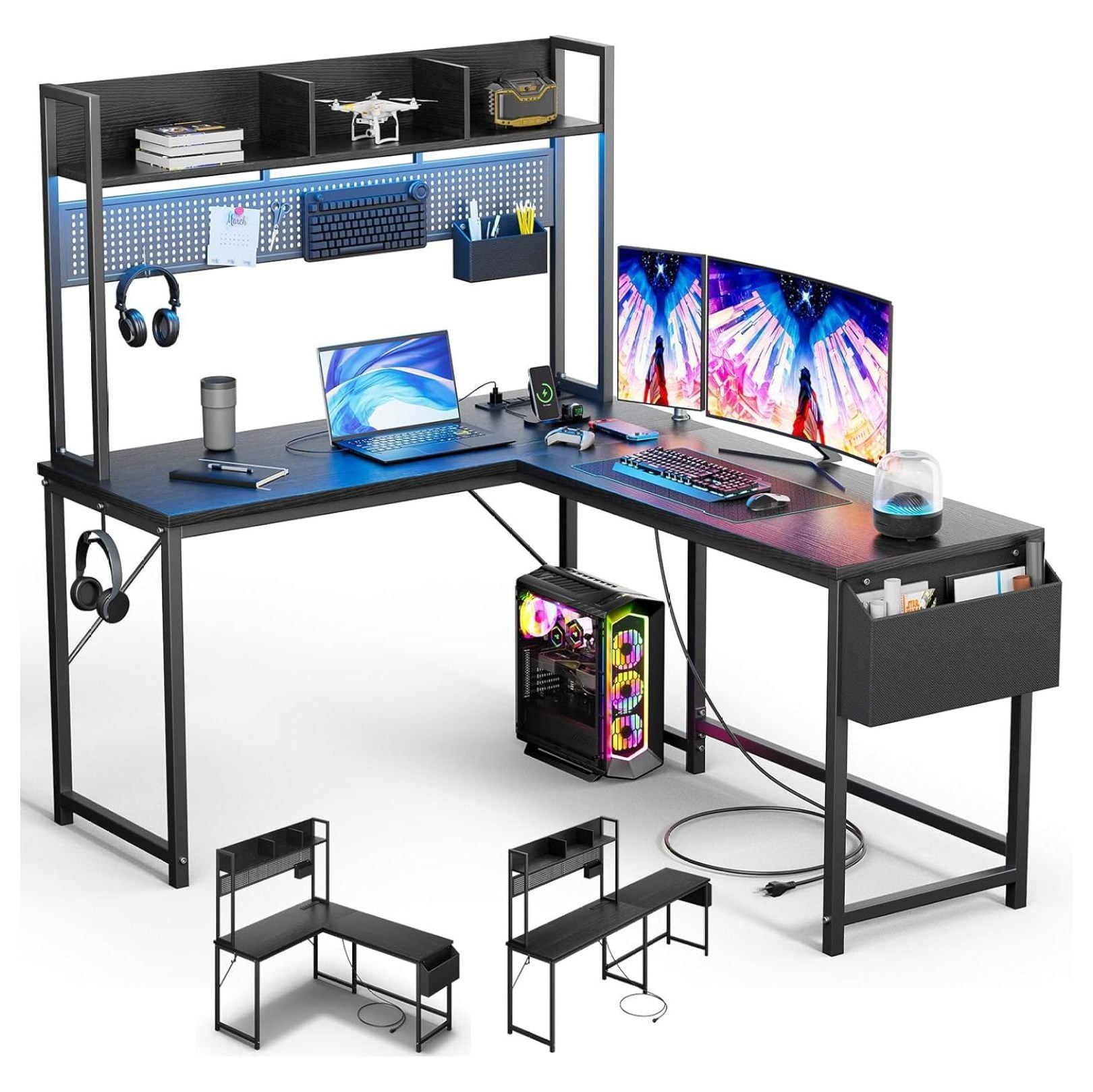 Gaming Desk Computer Desk with Storage, L Shaped Desk with Power Outlet ...