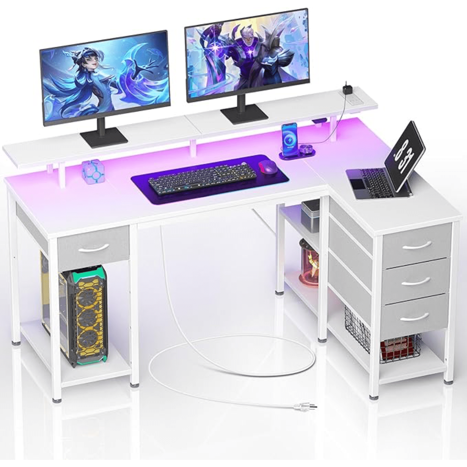 Gaming Desk with Drawers, 47.2 Inch L Shaped Desk with Storage Shelves ...