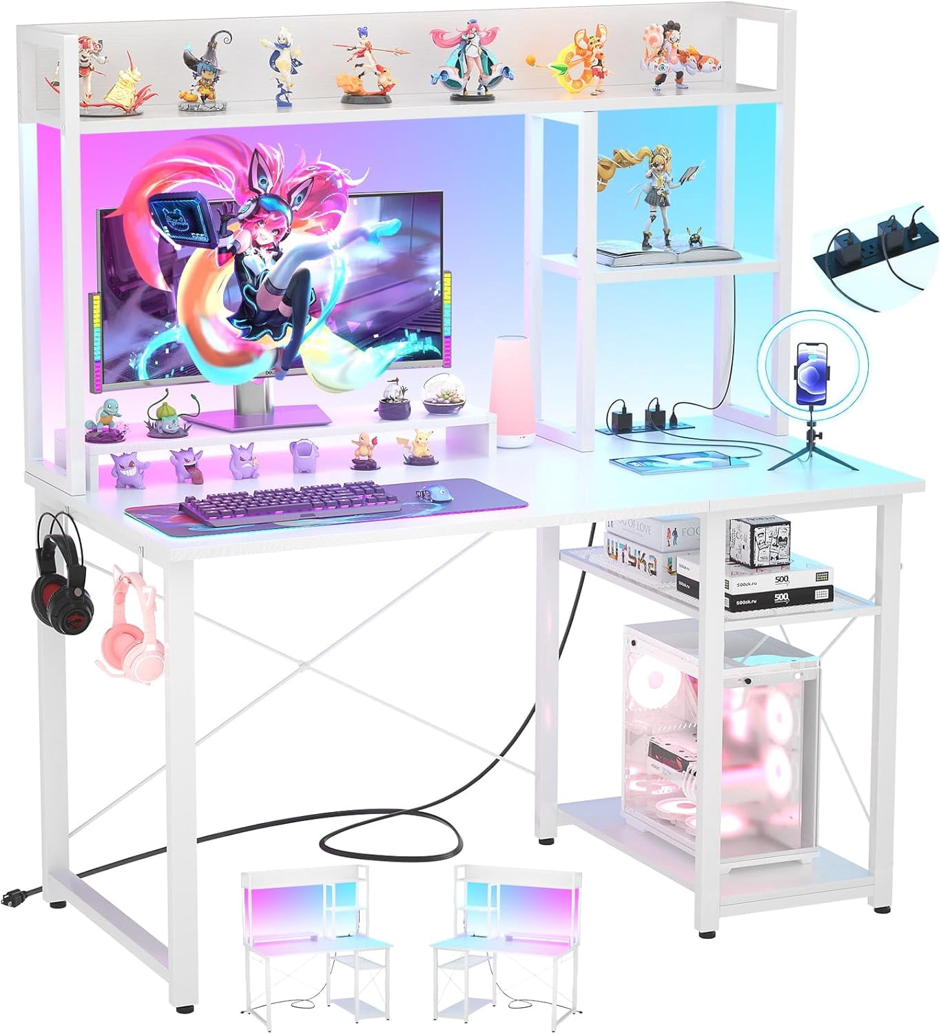 **gaming desk with hutch, 39'' computer desk with led lights & power ...