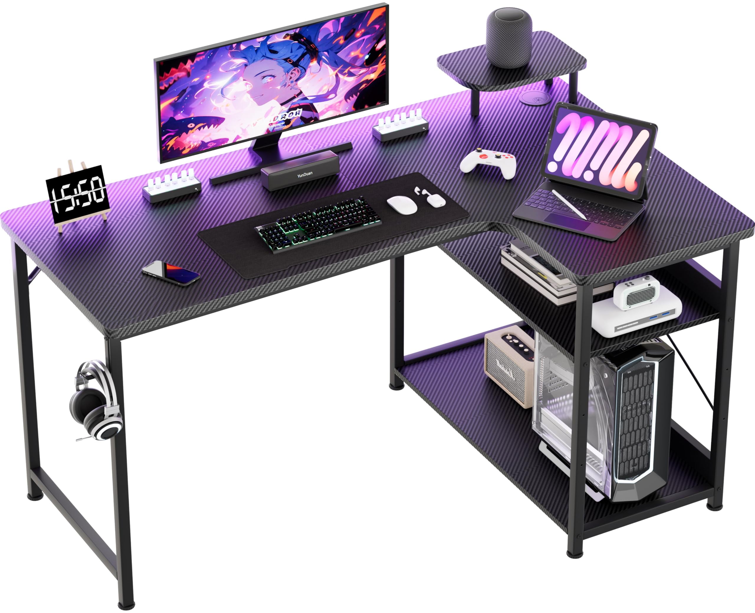 Gaming Desk L Shaped Desk Carbon Fiber Style Computer Desk Compatible ...