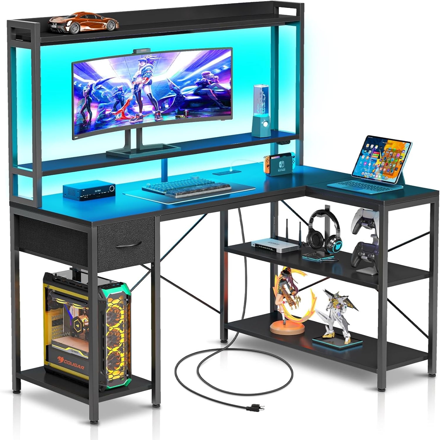 Gaming Desk with LED Light & Power Outlets 47 inch Computer Desk with ...