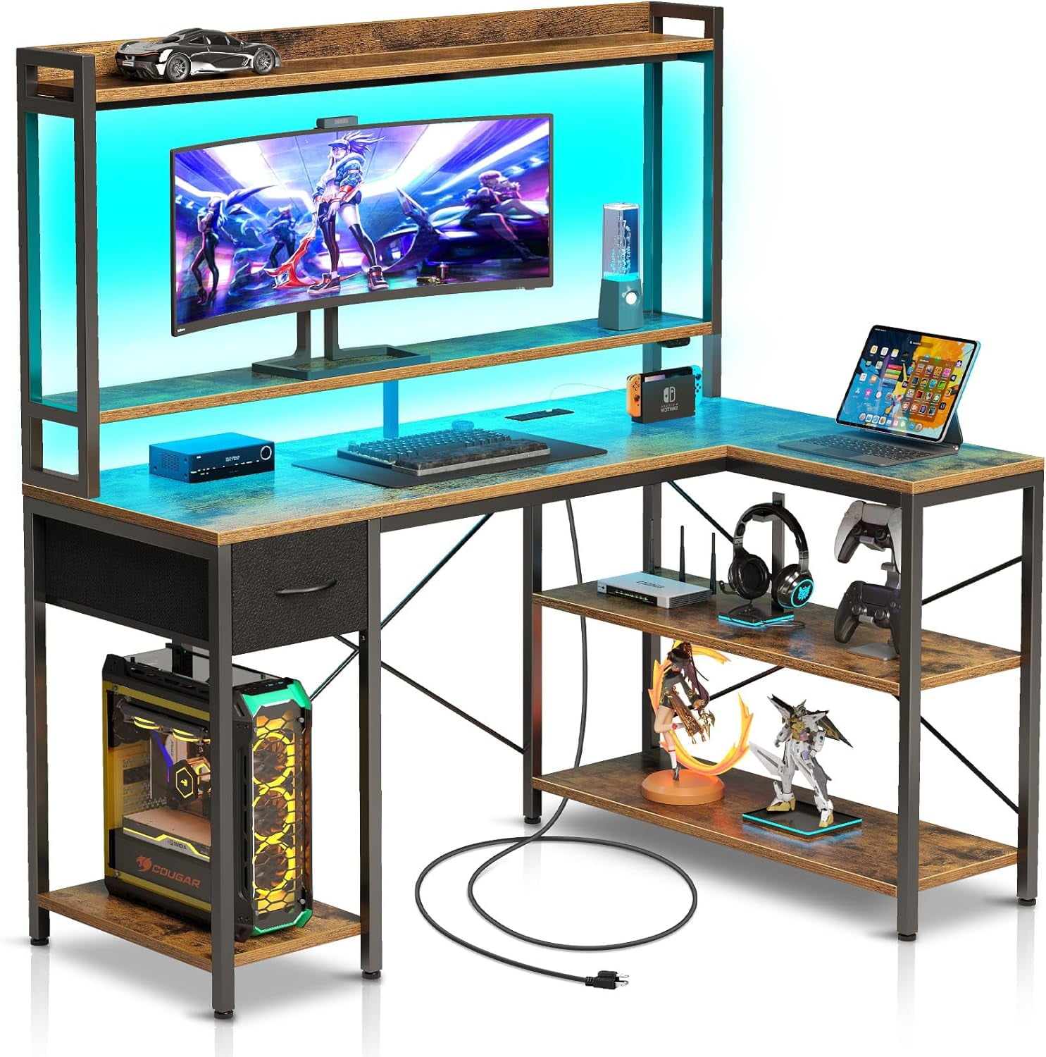 Gaming Desk with LED Light & Power Outlets 47 inch Computer Desk with ...