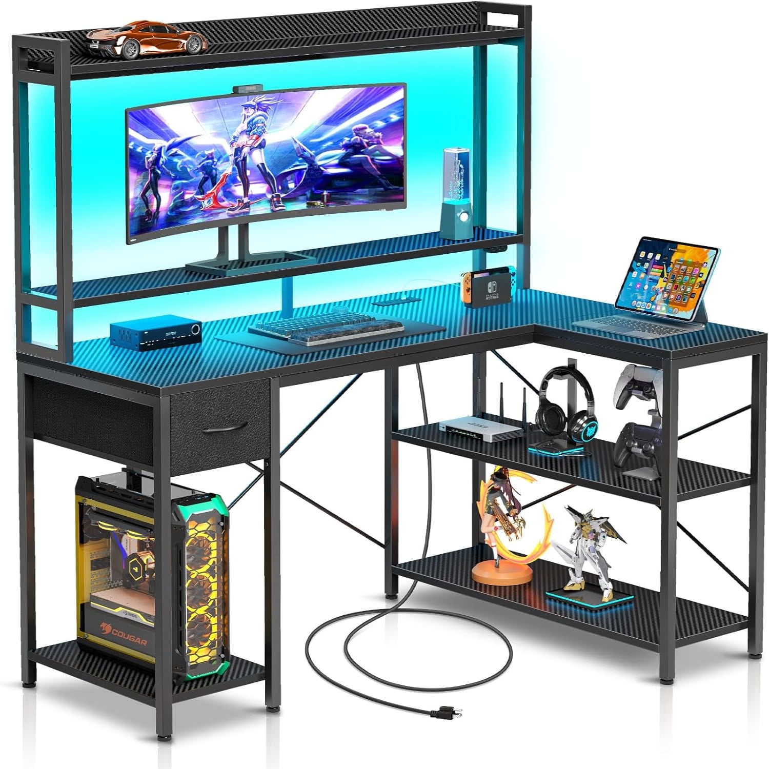 Gaming Desk with LED Light & Power Outlets 47 inch Computer Desk with ...