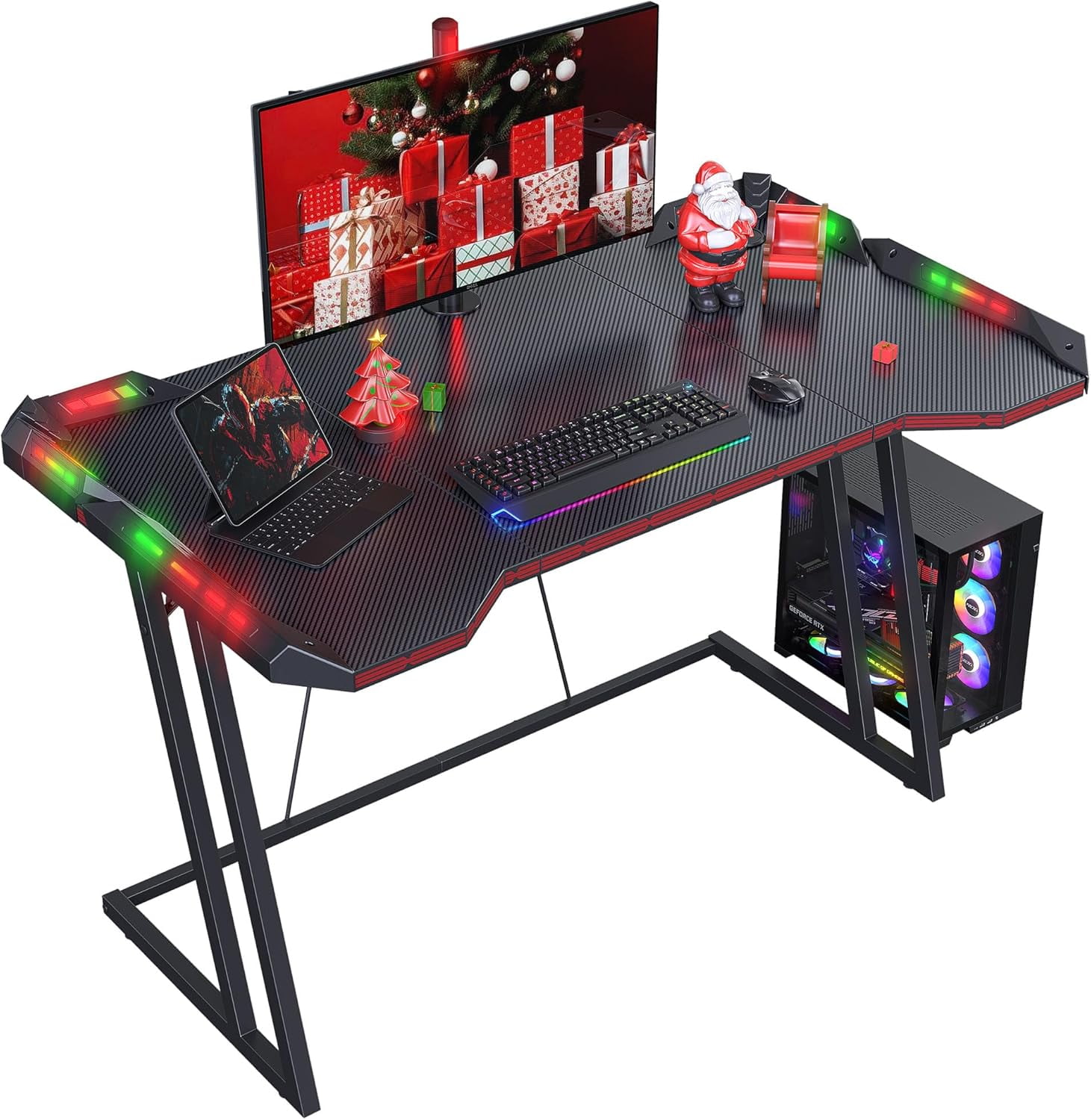 Gaming Desk with LED Lights, 47 Inch Z Shaped Gamer Desk, Home Game ...