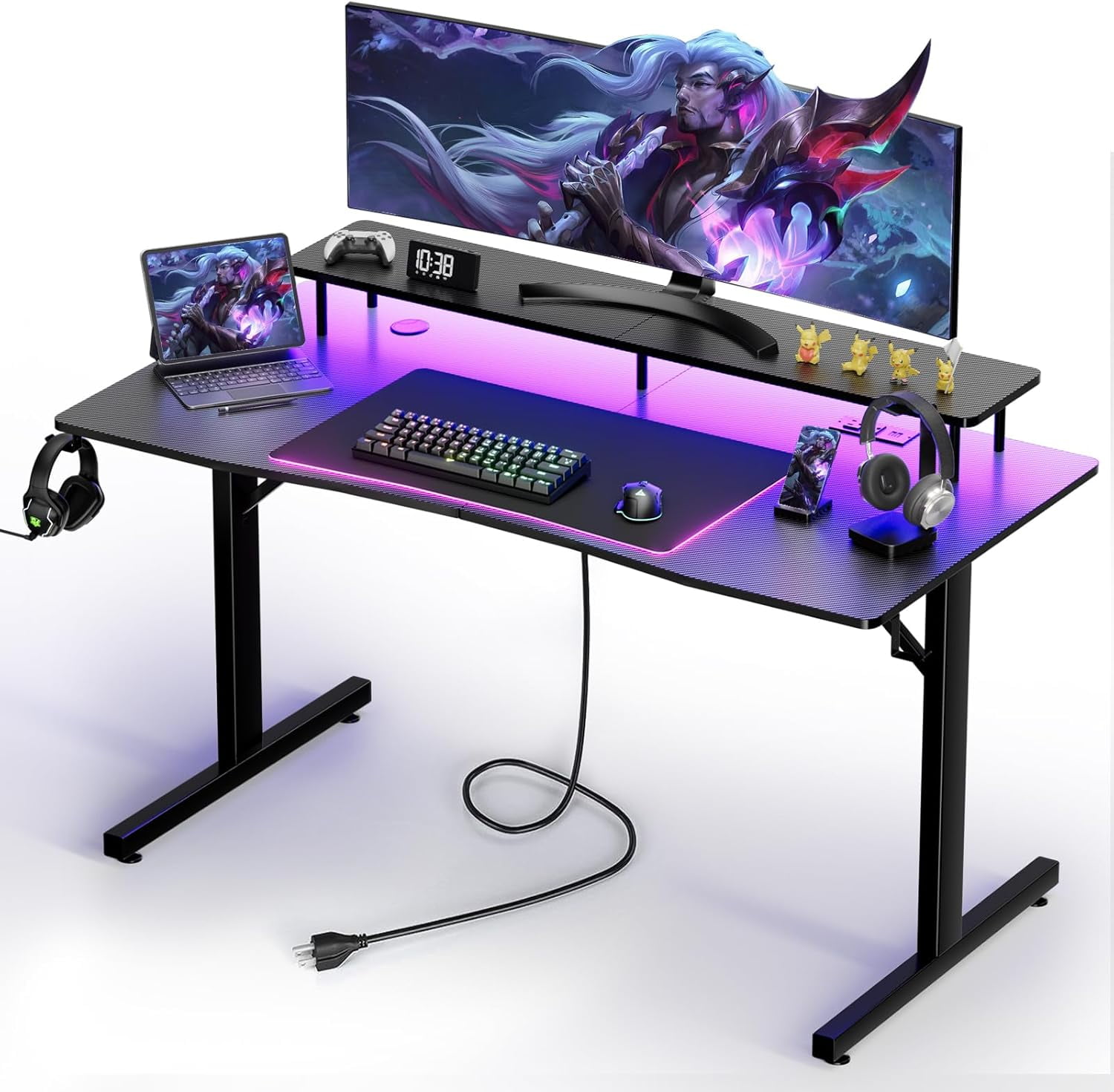 Gaming Desk with LED Lights, 55 Inch Large Computer Gamer Desk with ...