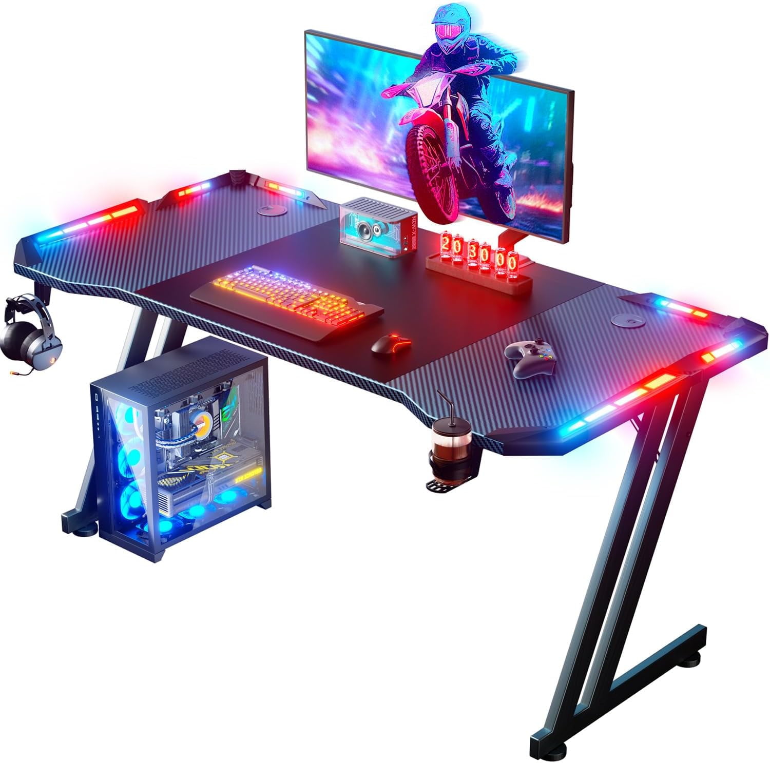 Gaming Desk with LED Lights 55 Inch Large Gamer Table for PC Ergonomic ...