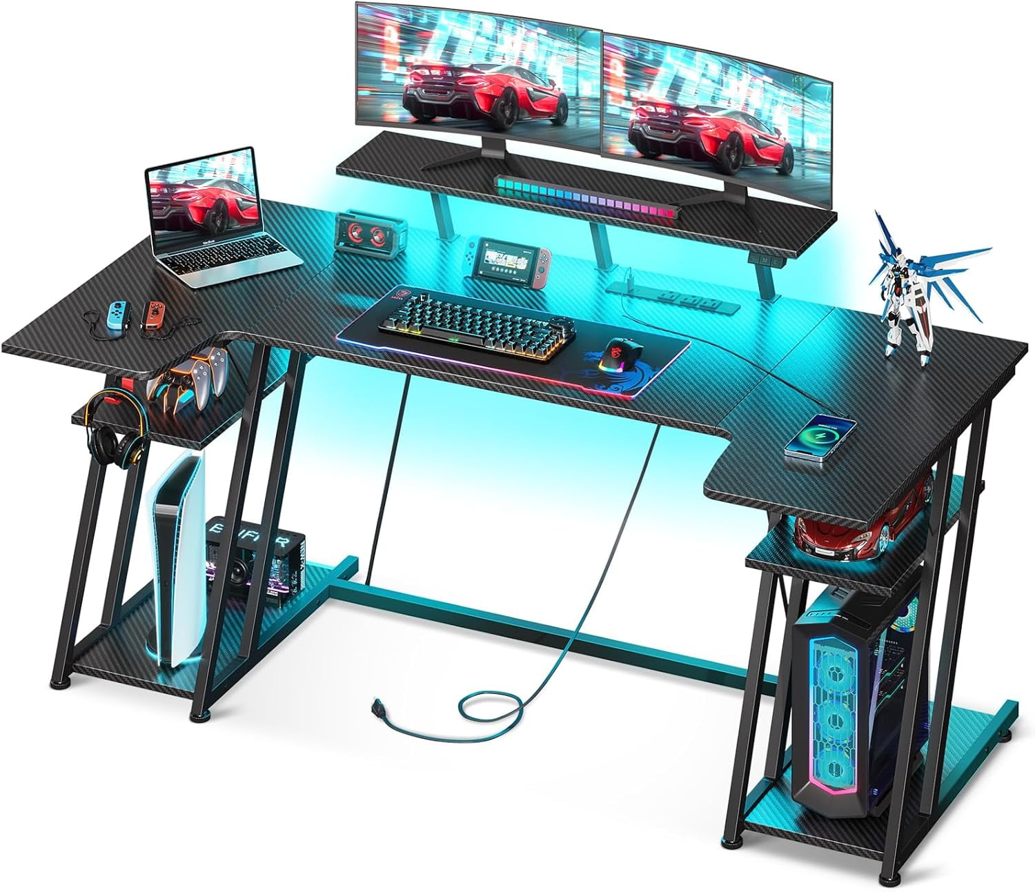 Gaming Desk with LED Lights, 60 Inch U Shaped Desk with Power Outlet ...