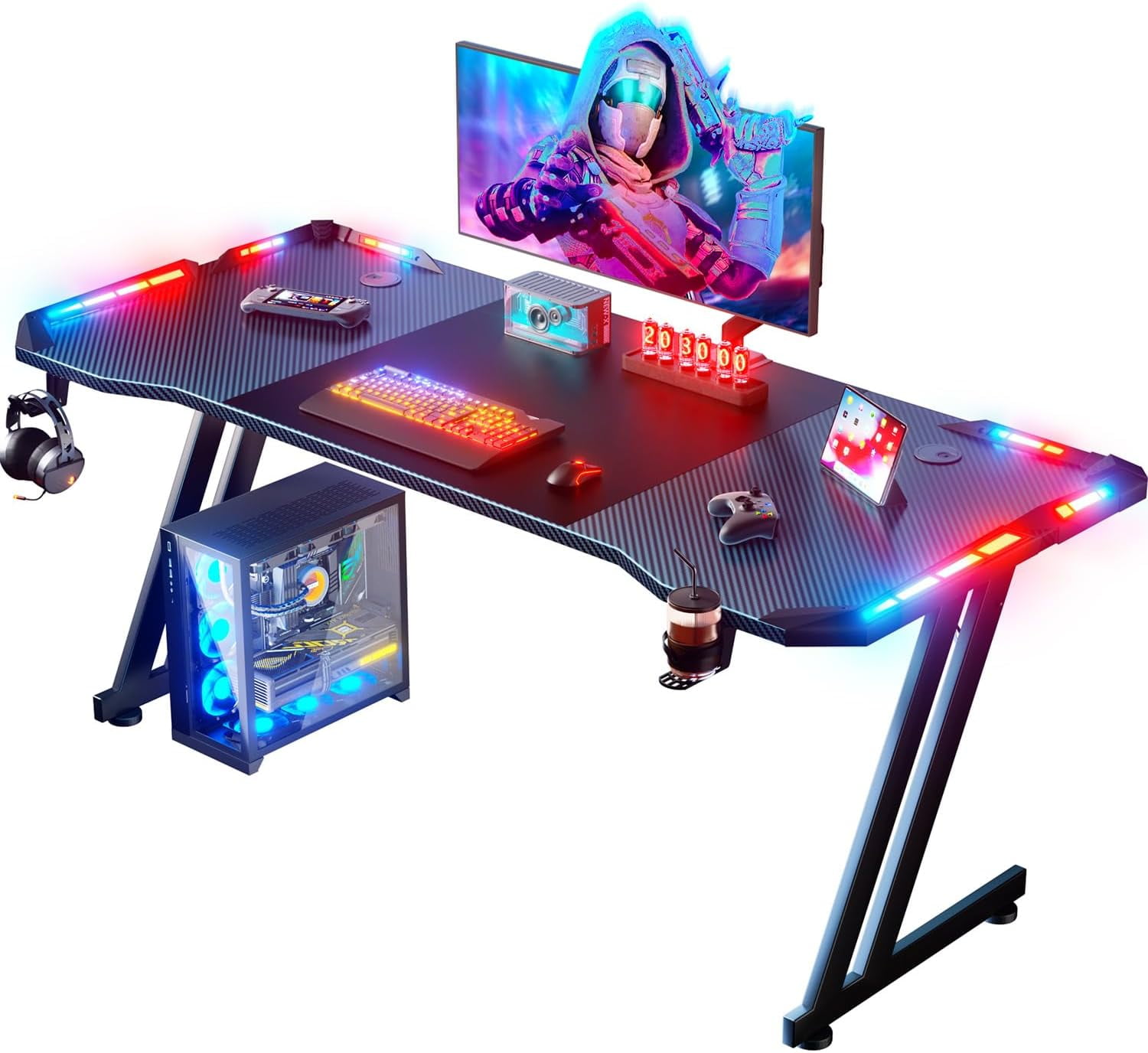 Gaming Desk with LED Lights 63 Inch Large Gamer Table for PC Ergonomic ...