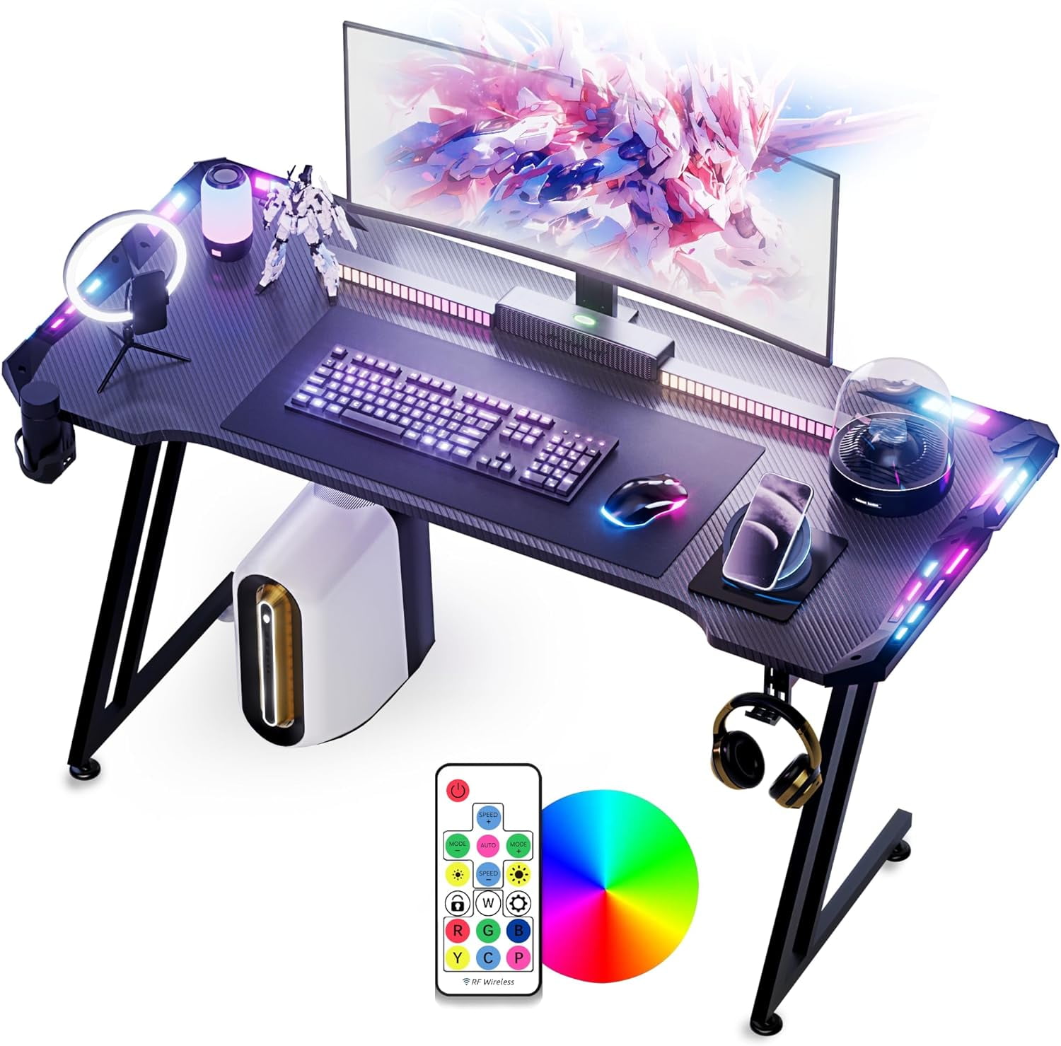 Gaming Desk with LED Lights,63 inch Carbon Fiber Surface RGB Gaming ...