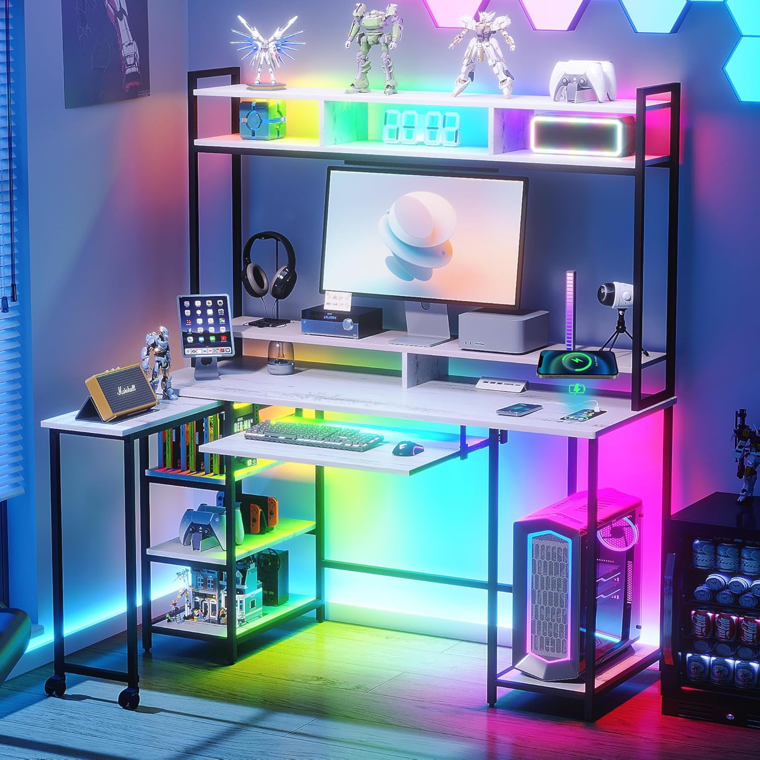 Gaming Desk with LED Lights Computer Desk with Keyboard Tray for Home ...