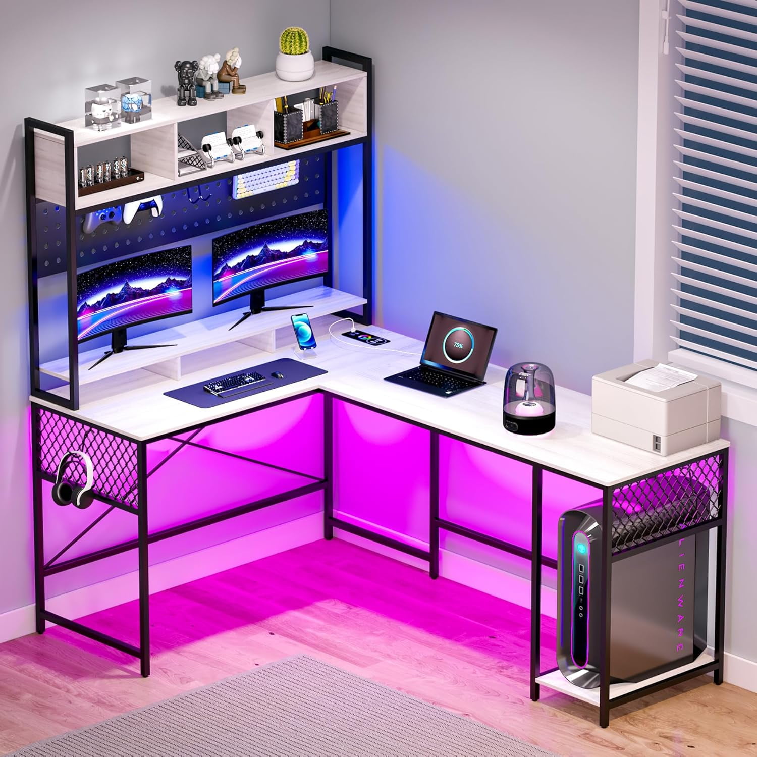 Gaming Desk with LED Lights Computer Desk with Keyboard Tray for Home ...