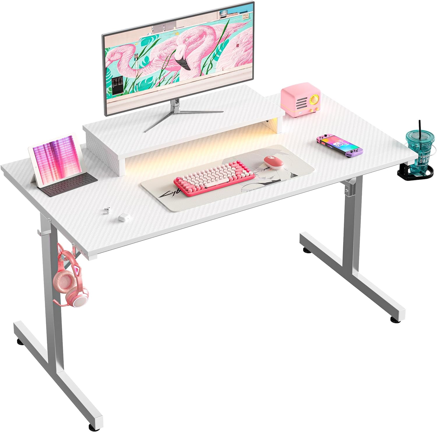 **gaming desk with led lights & monitor stand, 42 inch small computer ...