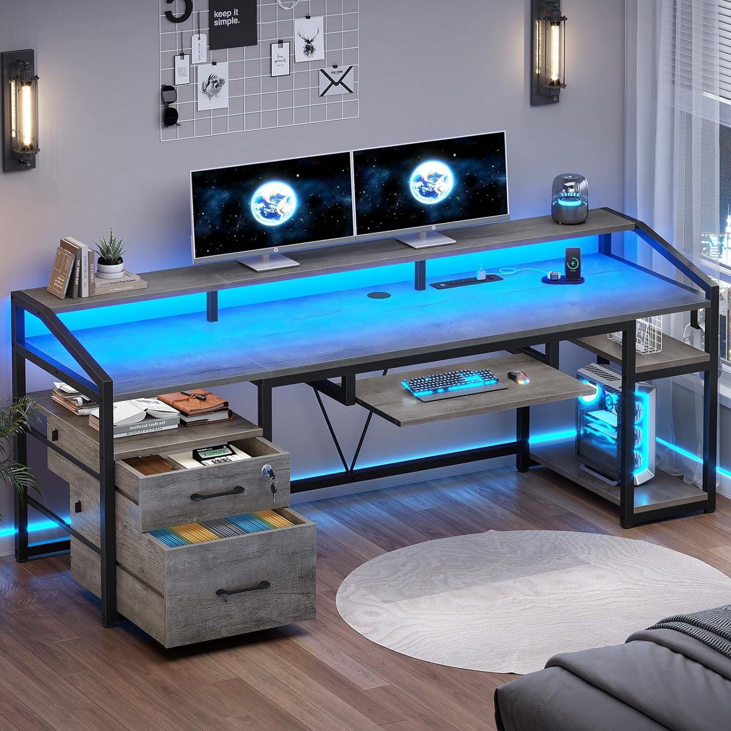 Gaming Desk with LED Lights & Power Outlet, 63" Computer Desk, Office ...