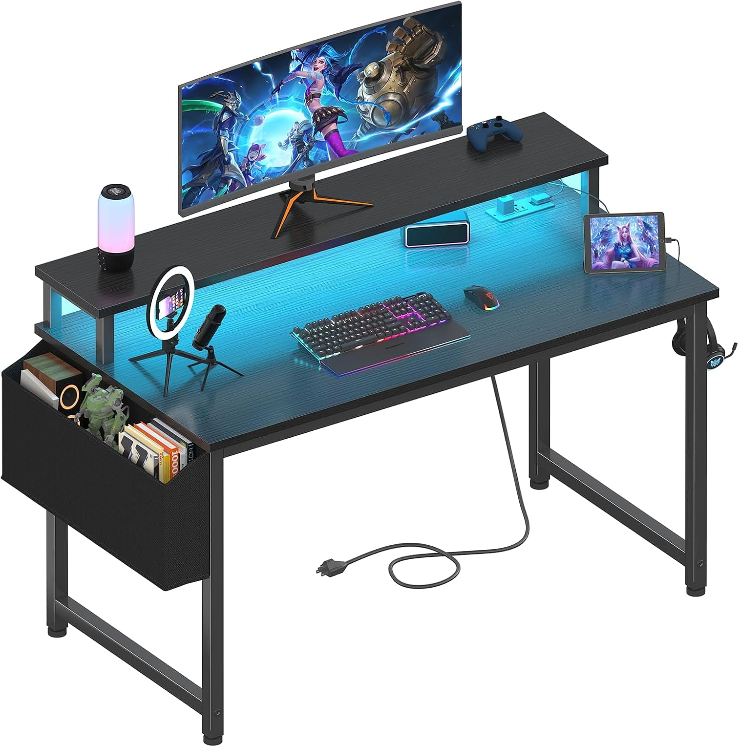 Black Gaming Desk with LED Lights and Power Outlets, 40 Inch Teen ...