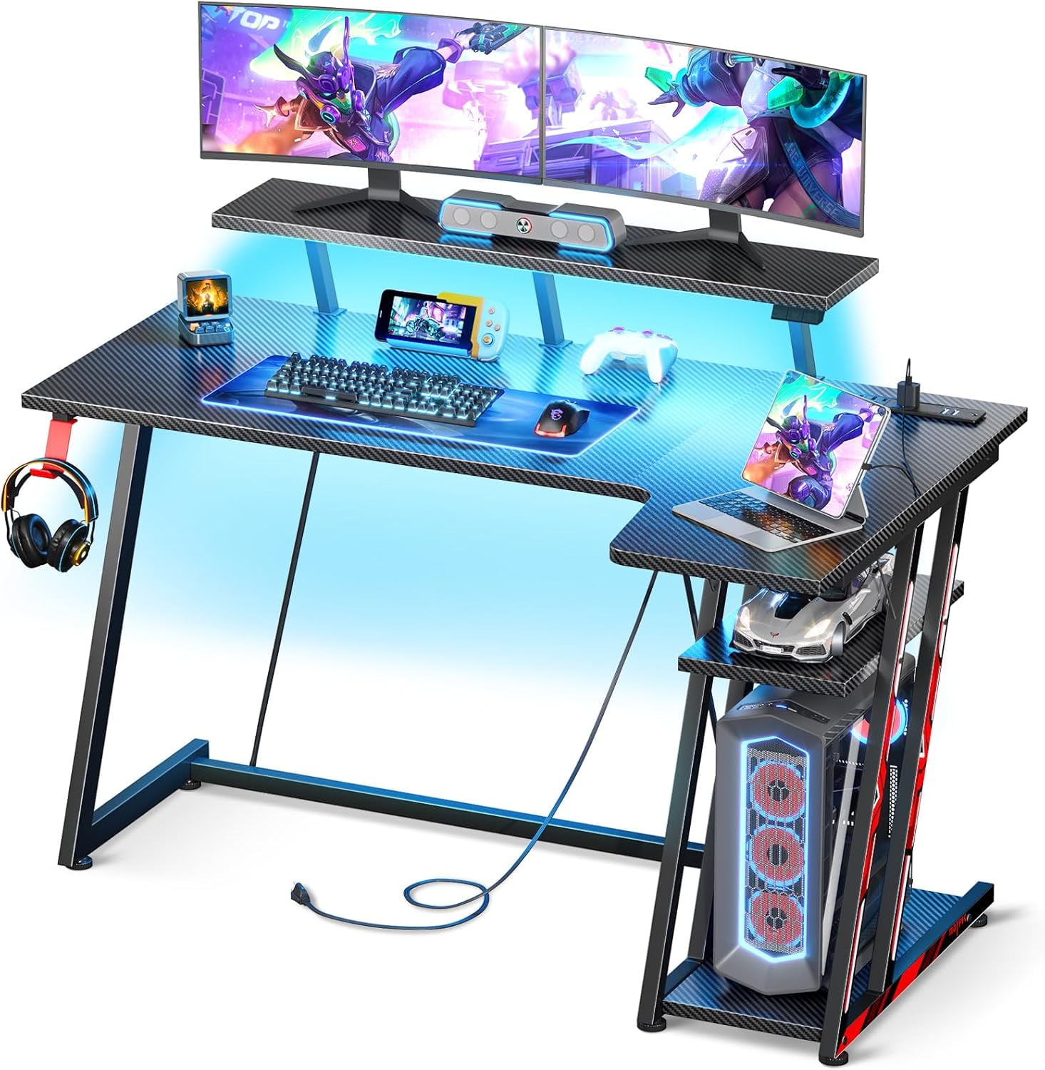 Gaming Desk with LED Lights & Power Outlets, 47 Inch L Shaped Computer ...