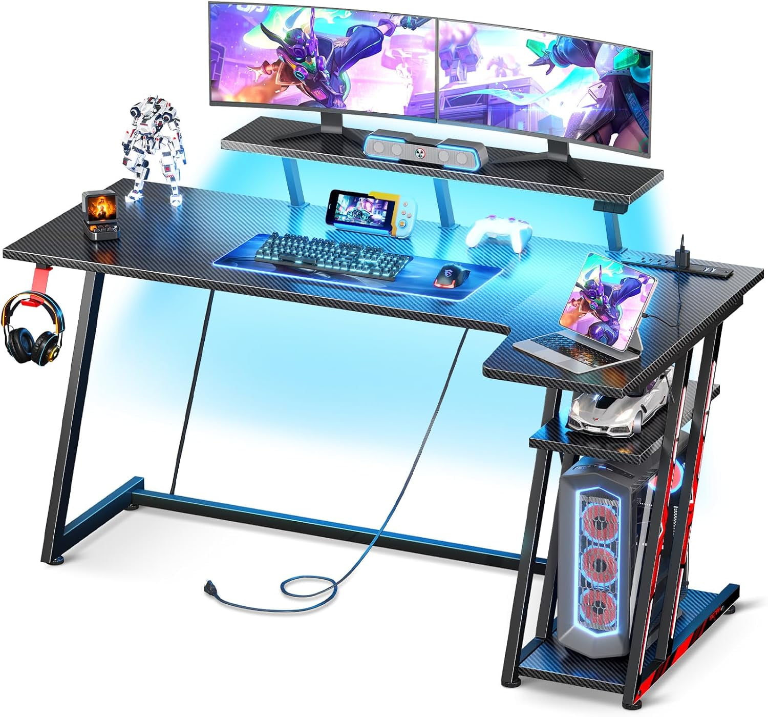 Gaming Desk with LED Lights & Power Outlets, 55 Inch L Shaped Gaming ...