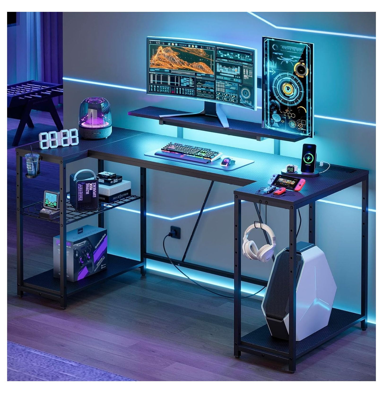 Gaming Desk with LED Lights & Power Outlets, 63 inch U Shaped Computer ...