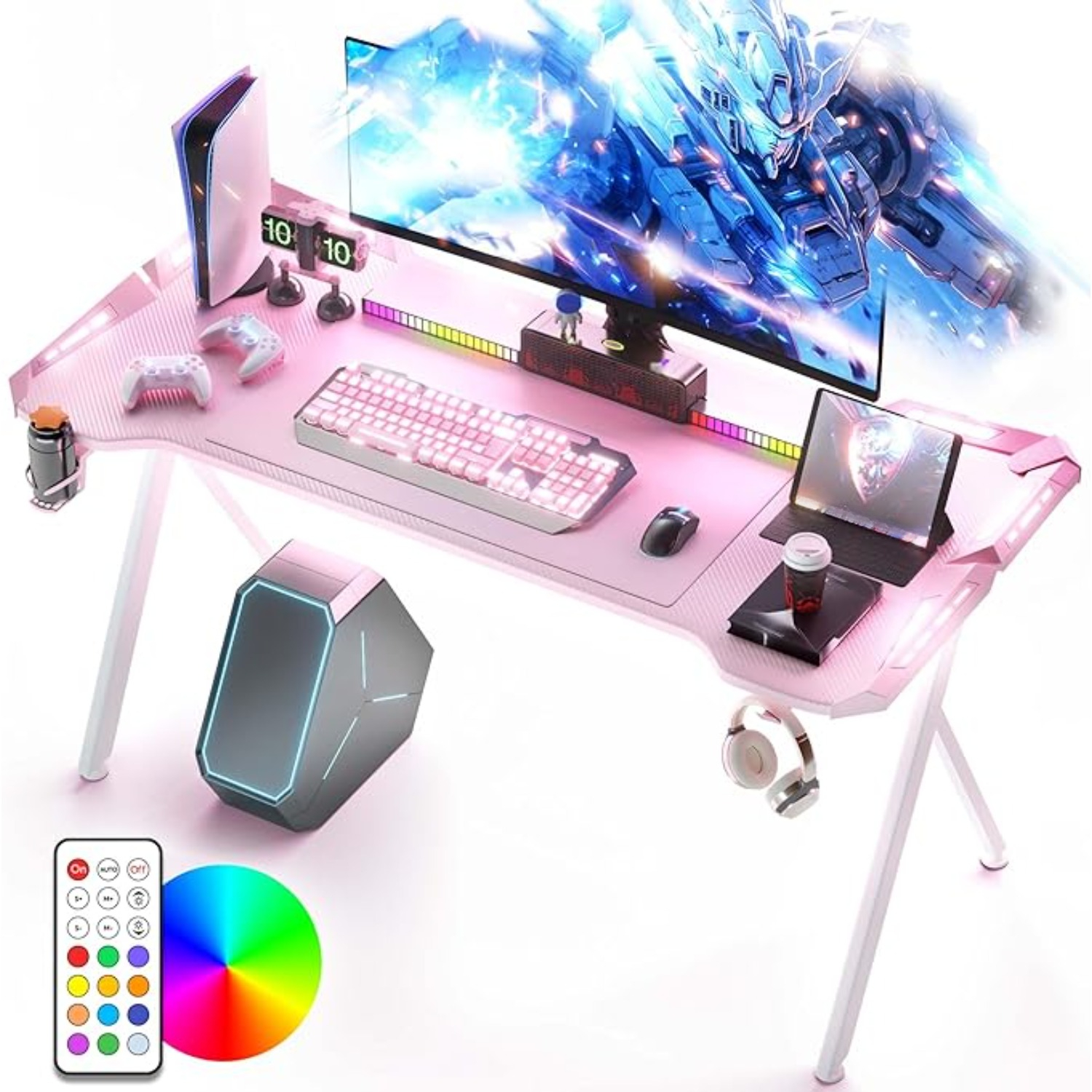 Gaming Desk with LED Lights, RGB Gaming Computer Table with Carbon ...