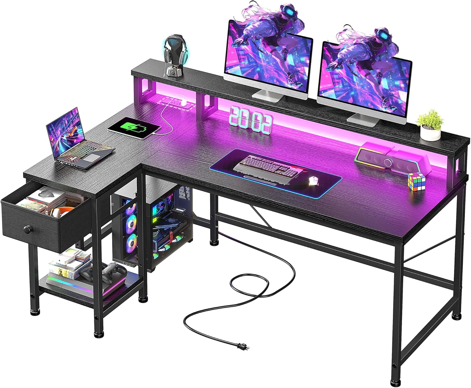 Gaming Desk with LED & Power Outlet, 48" L Shaped Small Computer Desk ...