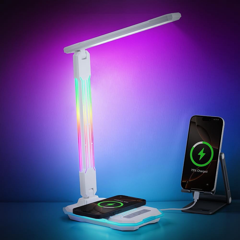 Gaming Desk Lamp with Music Sync,Dimmable Lamp with Station, Port,Color ...