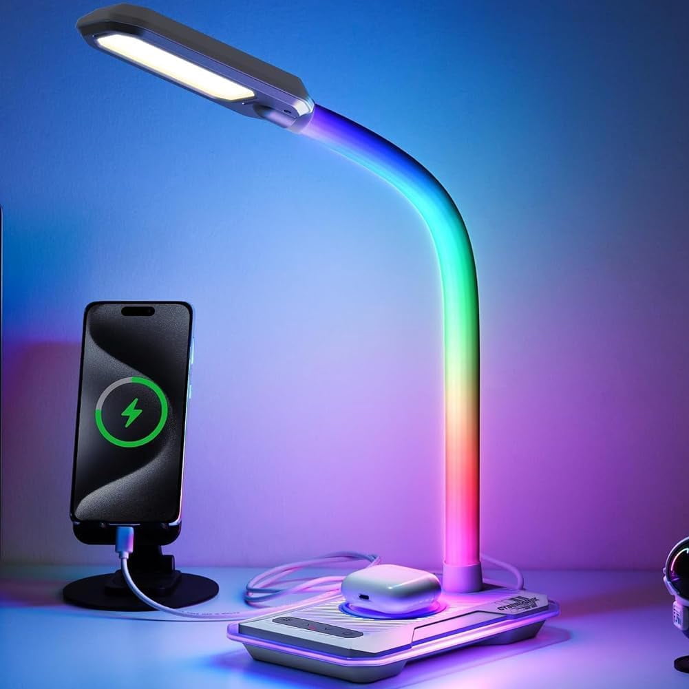 Gaming Desk Lamp with Music Sync,Dimmable Lamp with Station, Port,Color ...