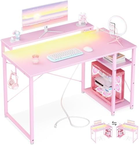Gaming Desk with Led Lights & Power Outlet, 40 Inch Small Gaming ...