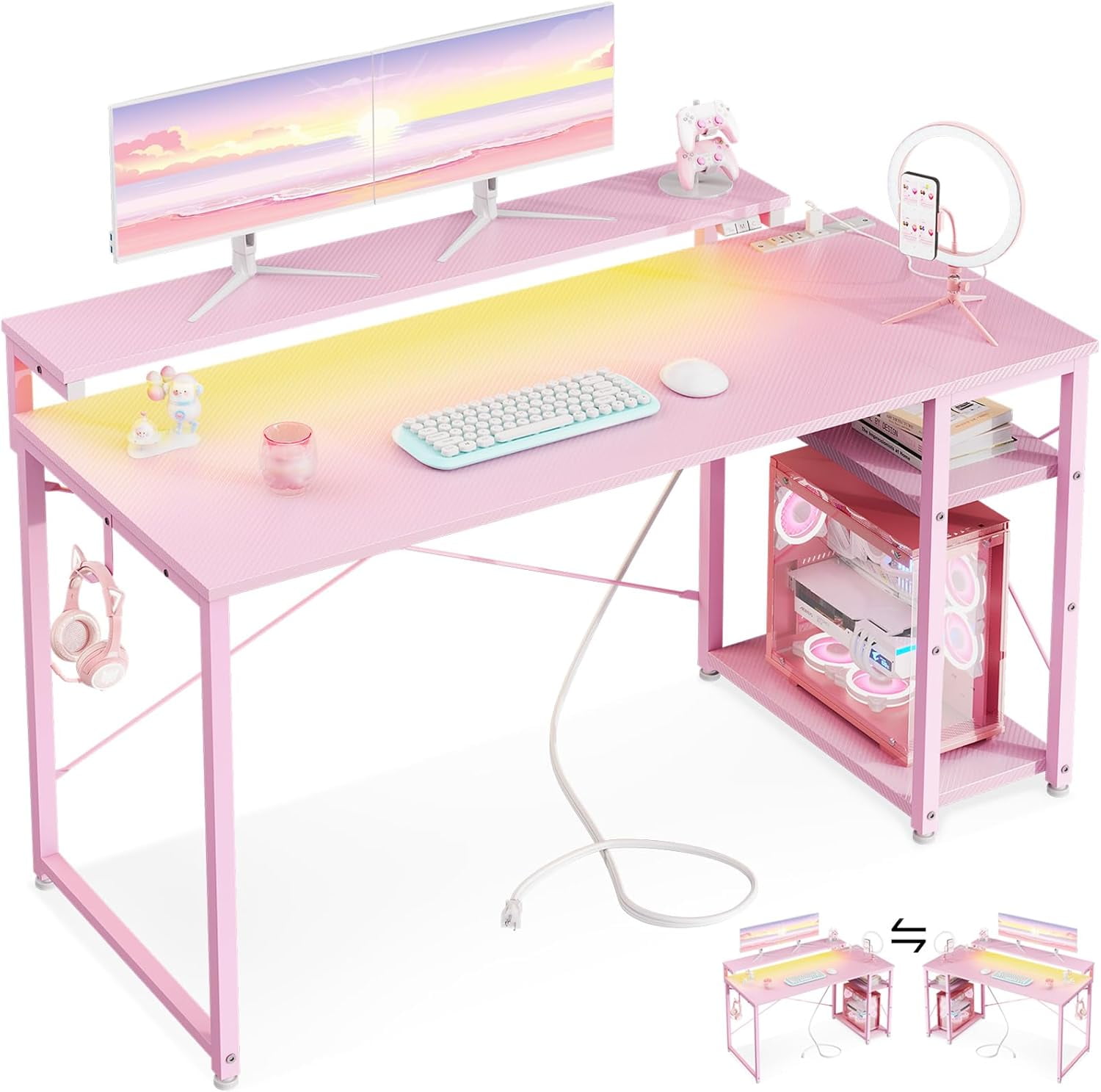Gaming Desk with Led Lights & Power Outlet, 47 Inch Computer Desk with ...