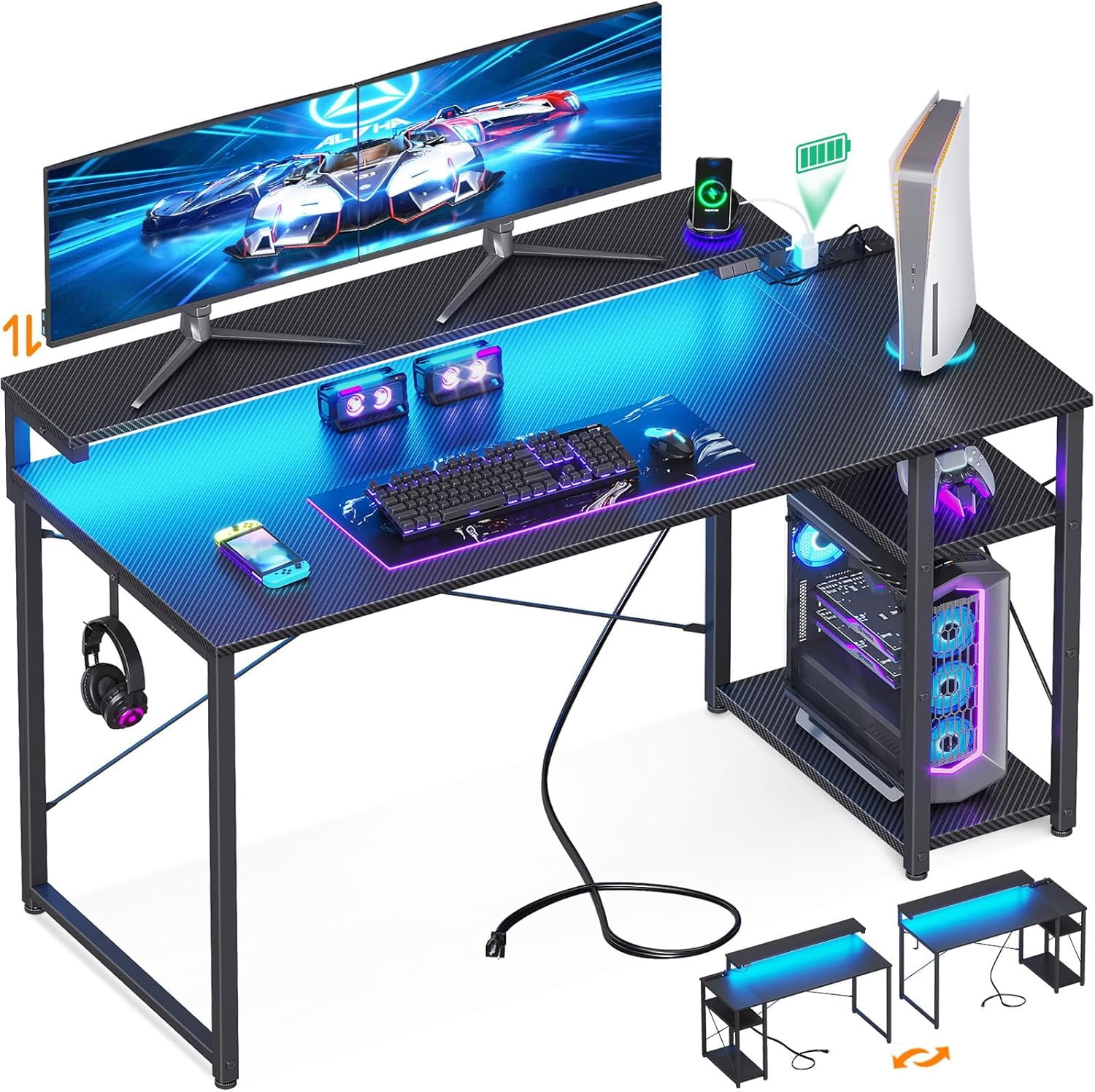 Gaming Desk with Led Lights & Power Outlet, 47 Inch Gaming Computer ...