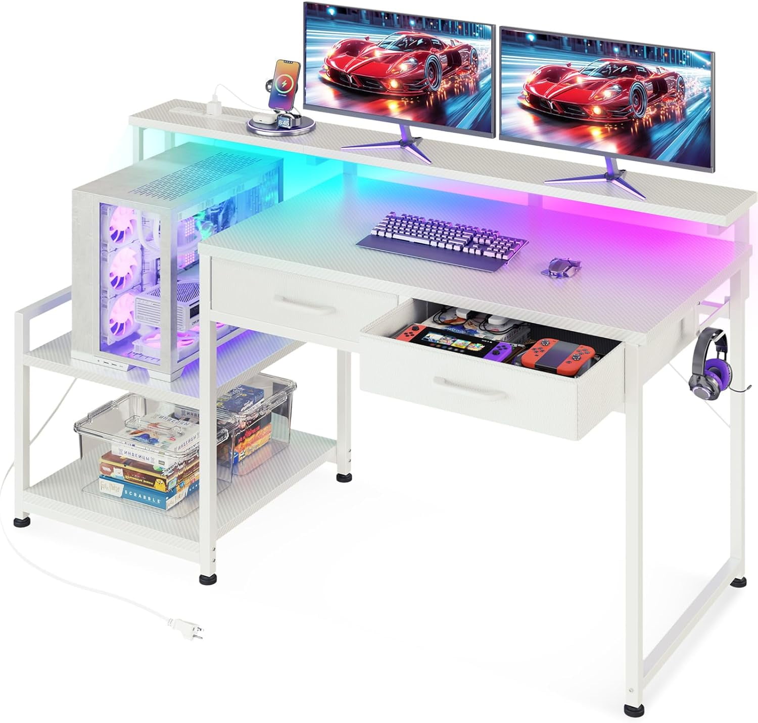 Gaming Desk with Led Lights & Power Outlet, 48 Inch Computer Desk with ...