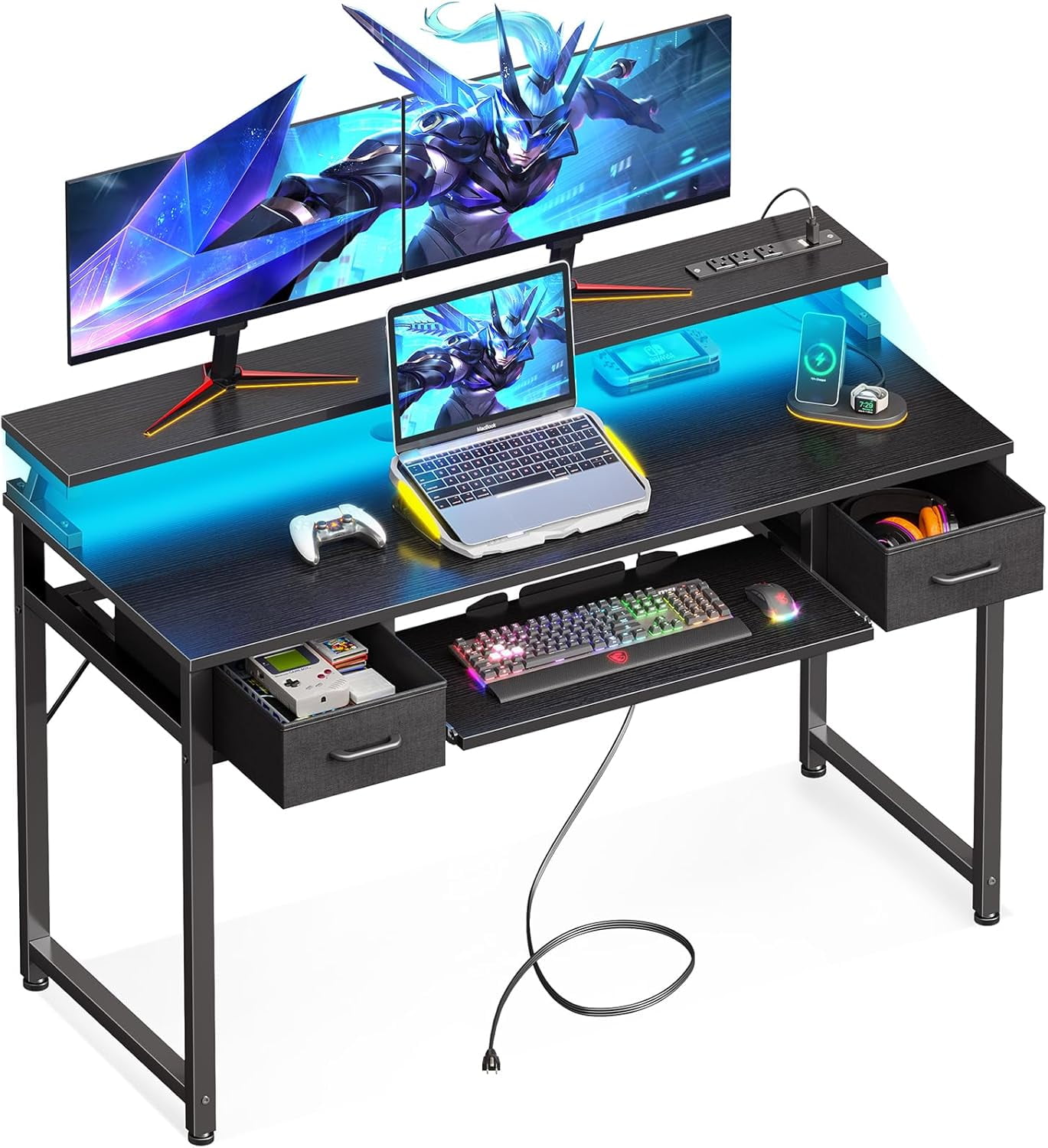 Gaming Desk with Led Lights and Power Outlet, 48 Inch Computer Desk ...