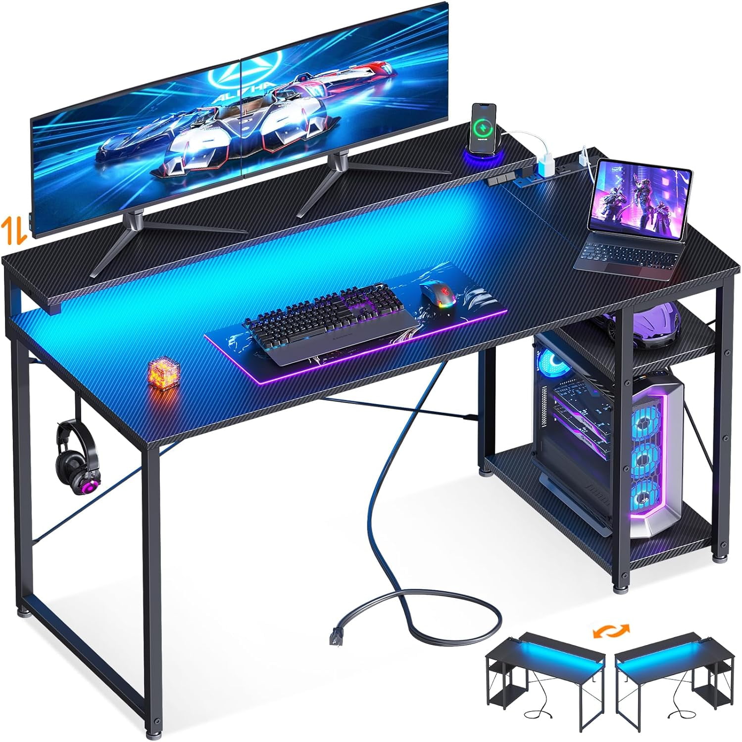 Gaming Desk with Led Lights & Power Outlet, Small Gaming Computer Desk ...