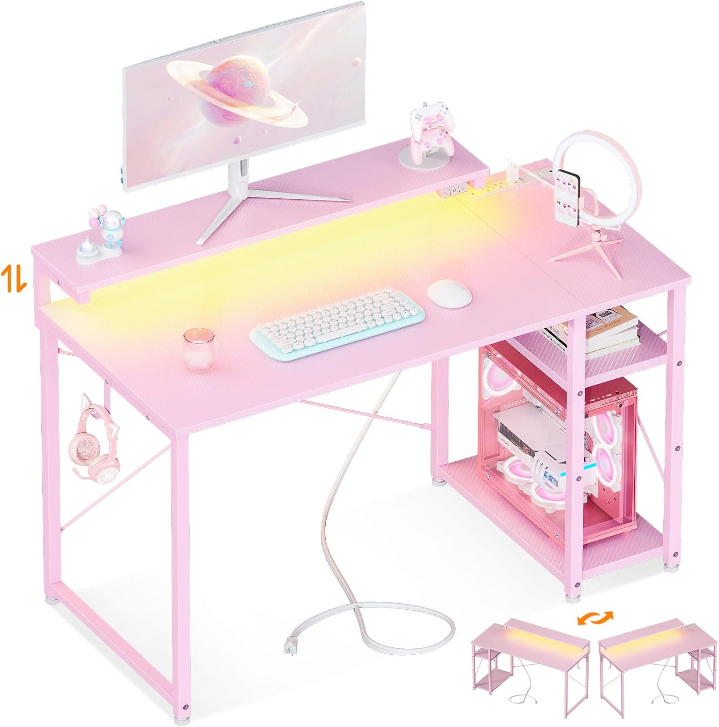 Gaming Desk with Led Lights & Power Outlet, Small Gaming Computer Desk ...