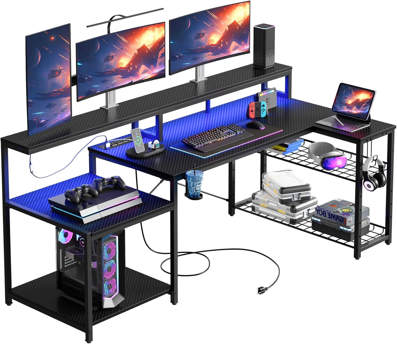 Gaming Desk with Power Outlet, 71.5 inch LED Computer Desk with Monitor ...