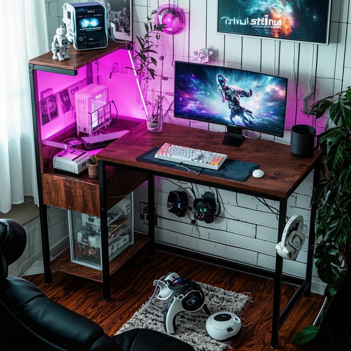 Gaming Desk with Power Outlet and RGB LED Light, 48 Inch Computer Desk ...