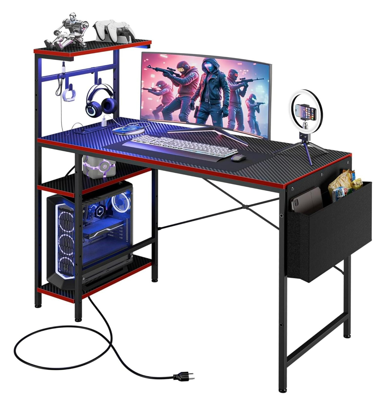Gaming Desk with Power Outlets, 44 Inch Led Computer Desk with 4 Tiers ...