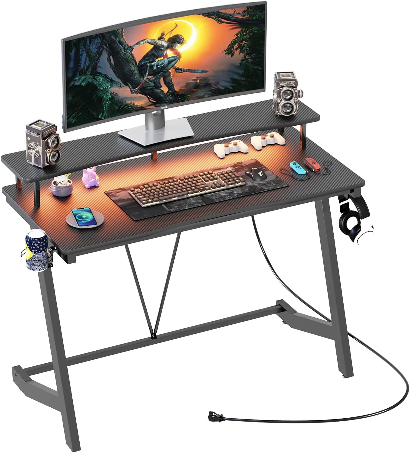 Gaming Desk with Power Outlets & Music Strip Lights,Computer Desk with ...