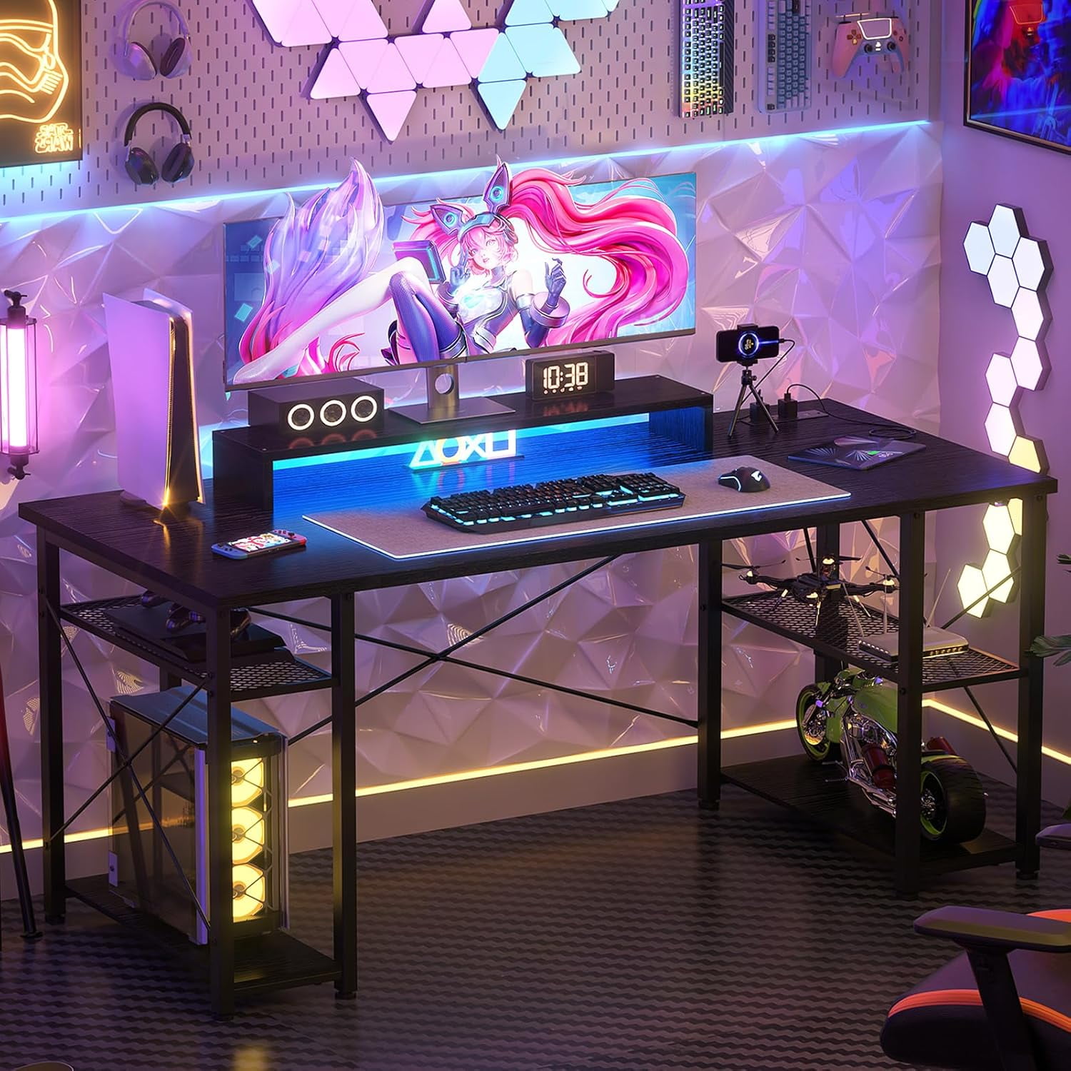 Gaming Desk with Hutch - 55 Inch Computer Desk with LED Lights & Power ...