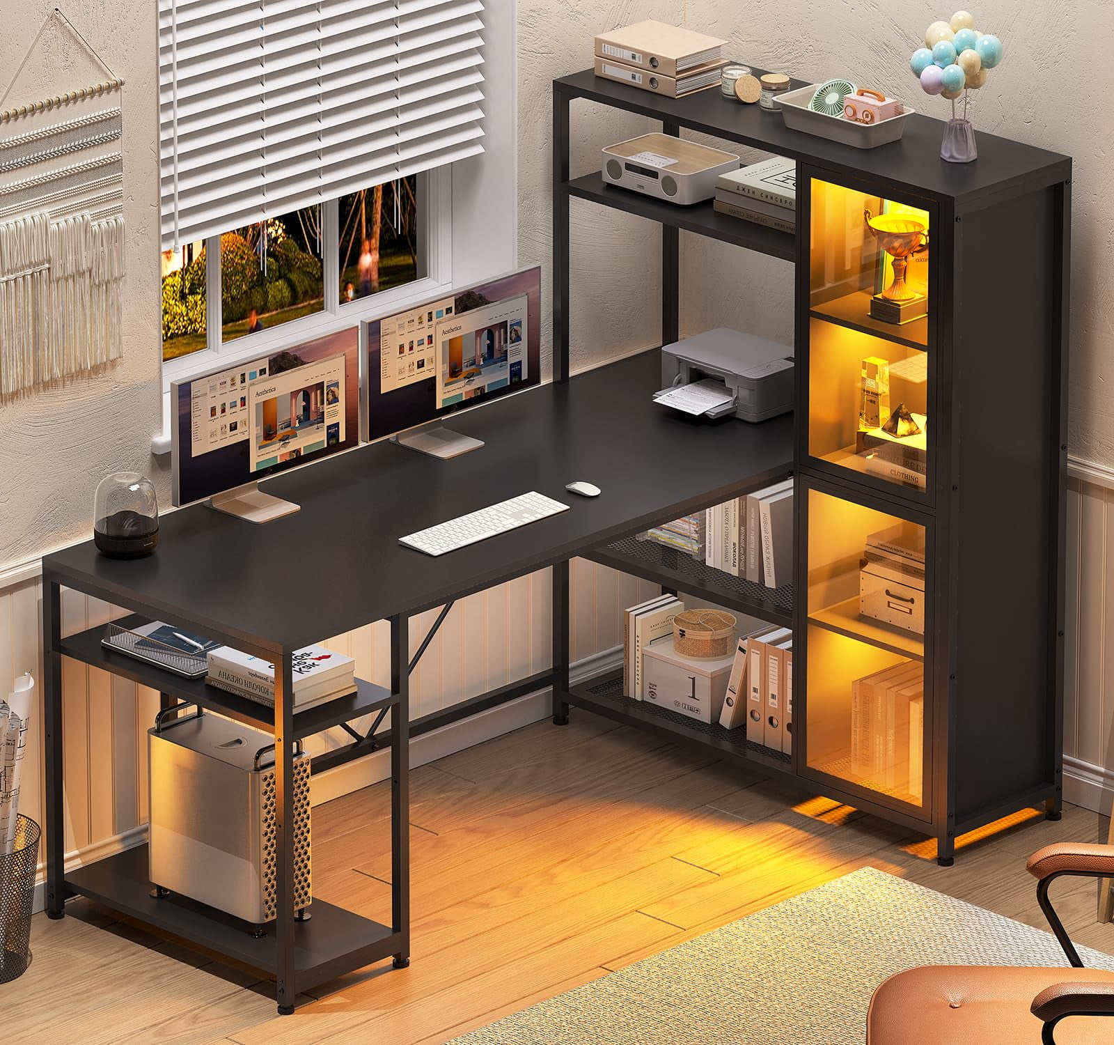 Gaming Desk with LED Lights & Tall Display Cabinet & Acrylic Door ...