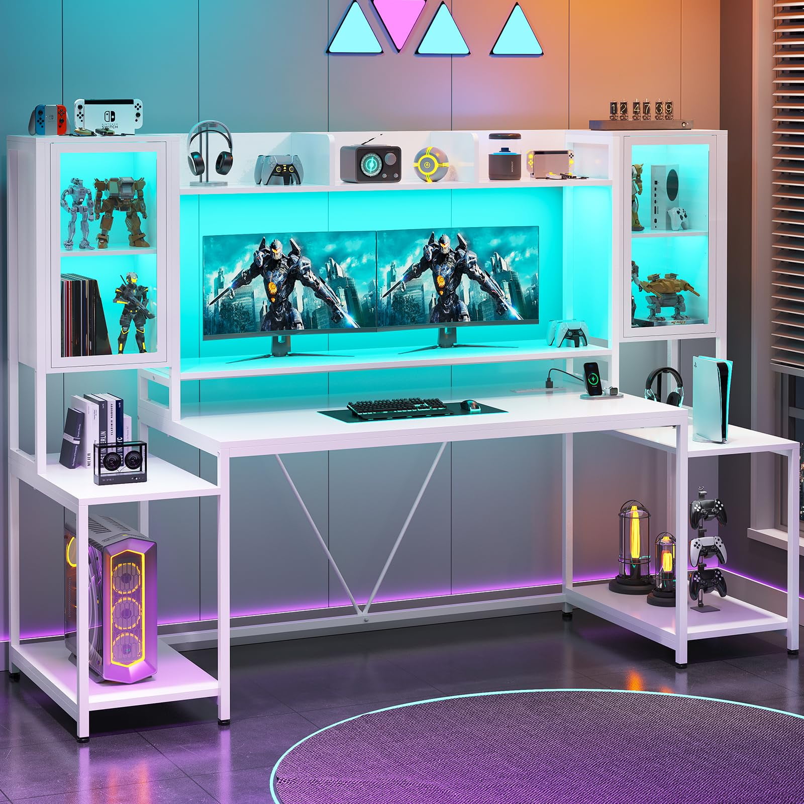 Gaming Desk with LED Lights and Power Outlet, 74.8 Inch Computer Gamer ...