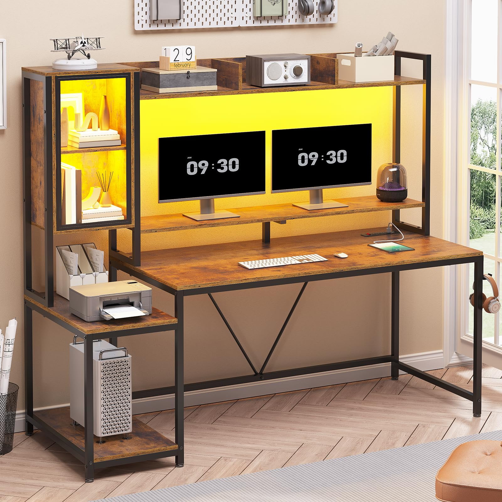 Gaming Desk with LED Lights and Power Outlet, Computer Desk with ...