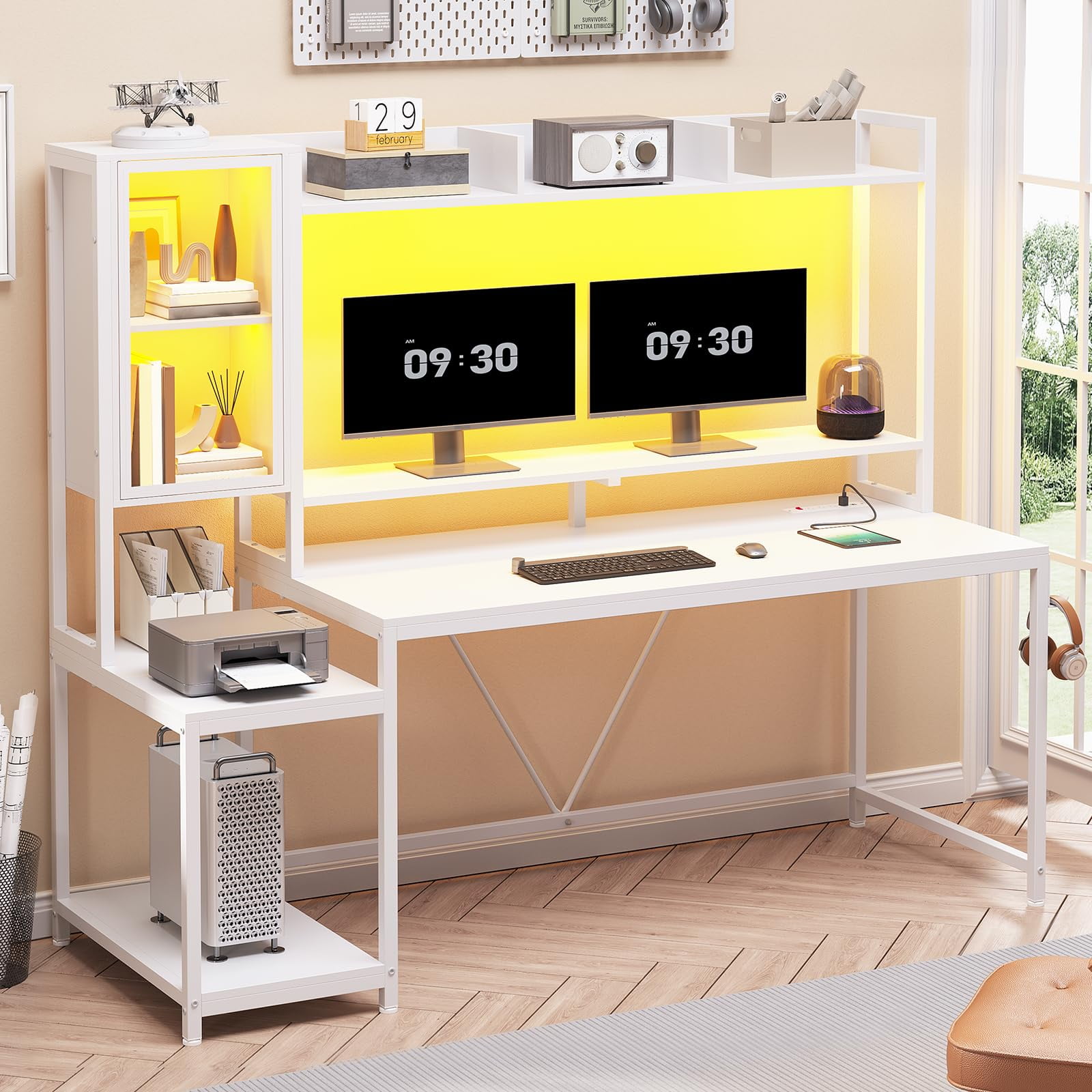 Gaming Desk with LED Lights and Power Outlet, Computer Desk with ...