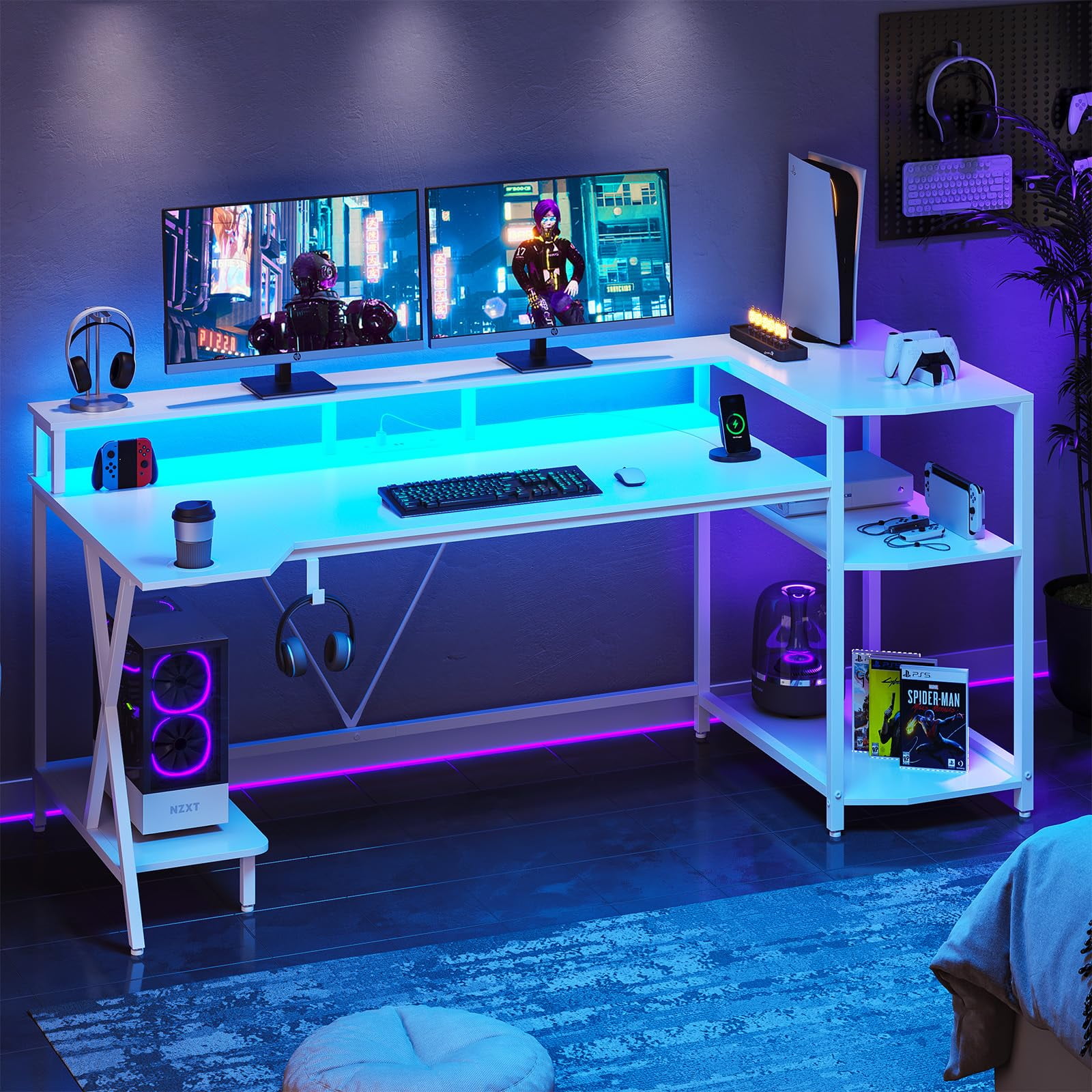 Gaming Desk with LED Lights and Storage Shelves, 70.8'' Computer Desk ...