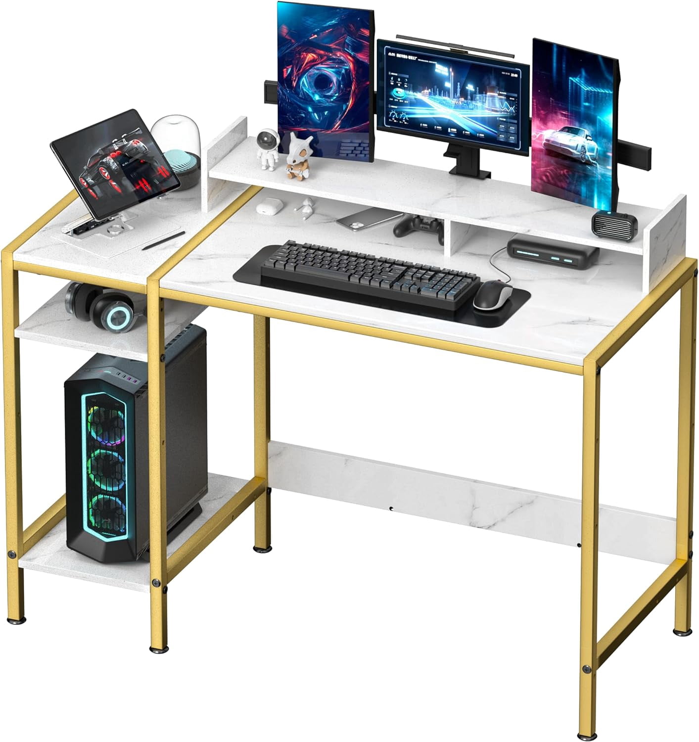 Gaming Desk with Monitor Stand, Storage and Marble Design - Adjustable ...