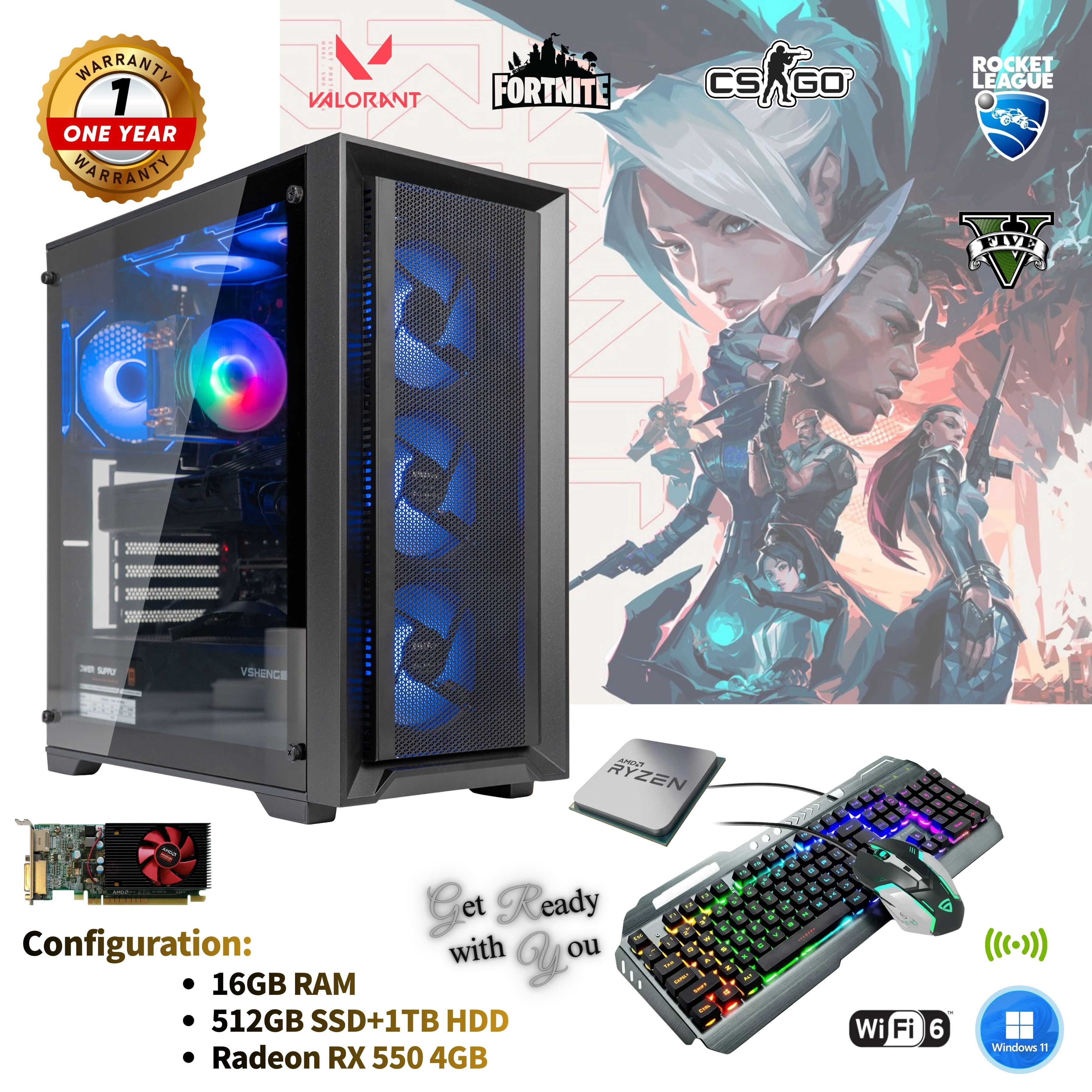 Desktop Gaming PC, AMD Ryzen 5 PRO 2400G, Radeon RX 550 4GB, 16GB RAM ...
