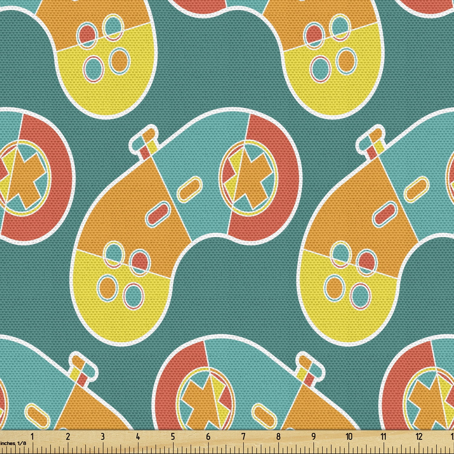 Ambesonne Gaming Fabric by the Yard Upholstery, Retro Colored Gamepad ...