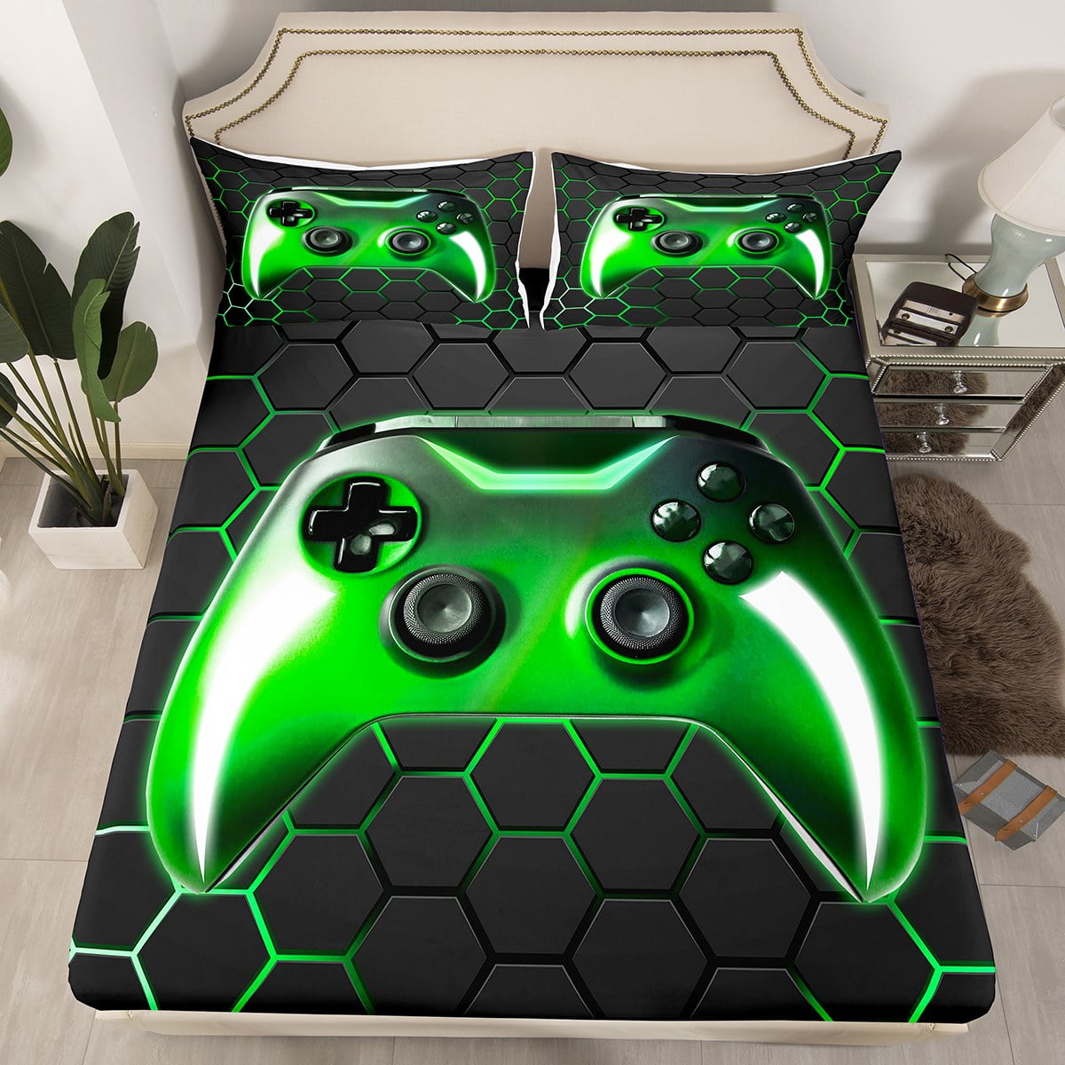 Gaming Fitted Sheet Geometric Honeycomb Gamepad Bed Set Queen Size ...