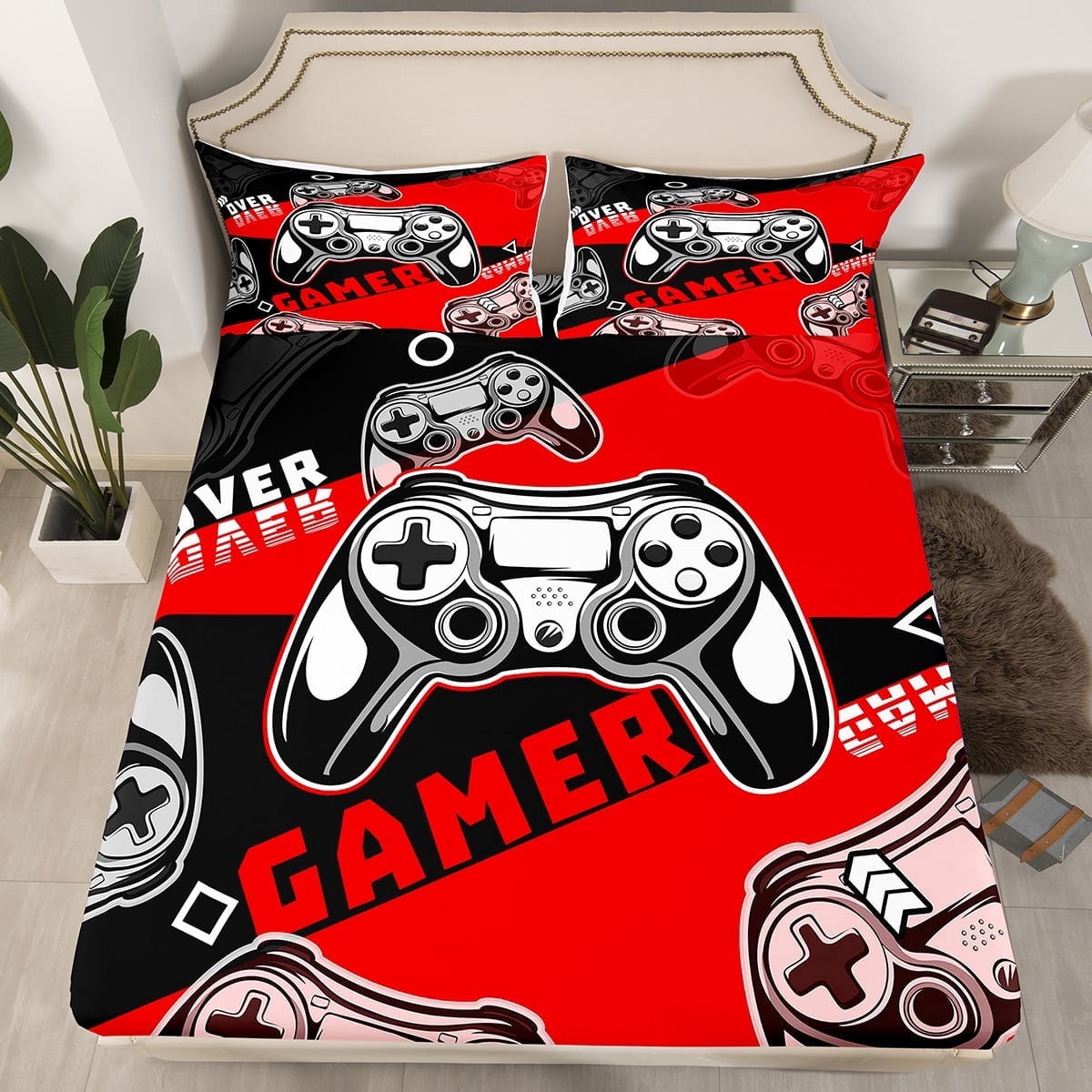 Gaming Fitted Sheet Teens Red And Black Gamer Sheets Video Game Bed ...