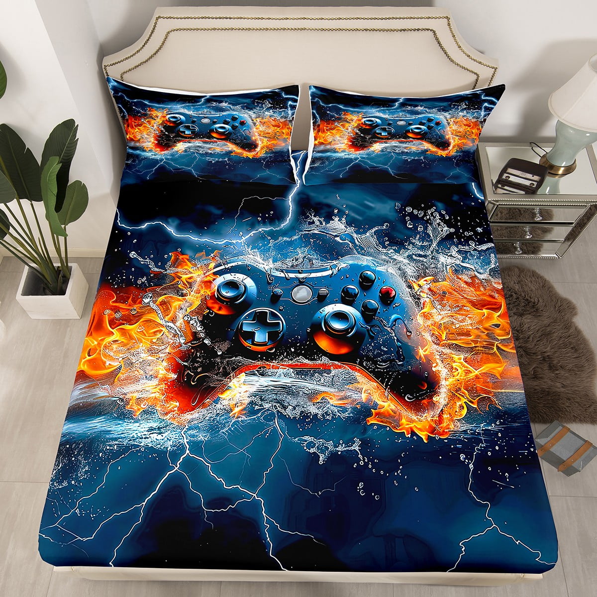Gaming Fitted Sheet Twin Teen Video Game Bed Sheets Water and Fire ...