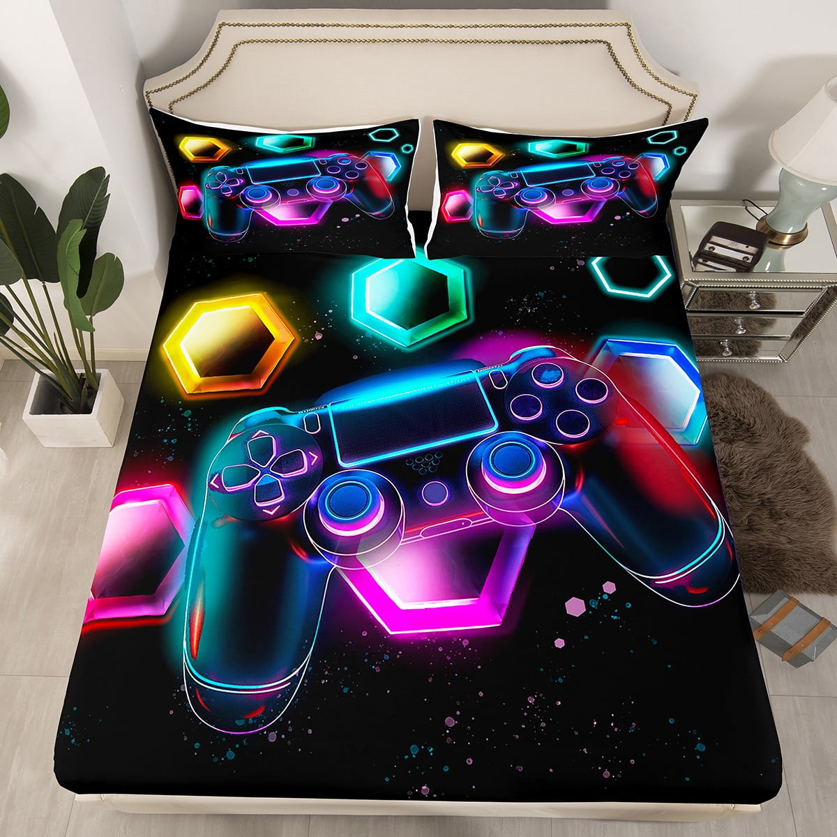 Gaming Fitted Sheet Gamer Bed Sheets Queen,Neon Lights Abstract ...